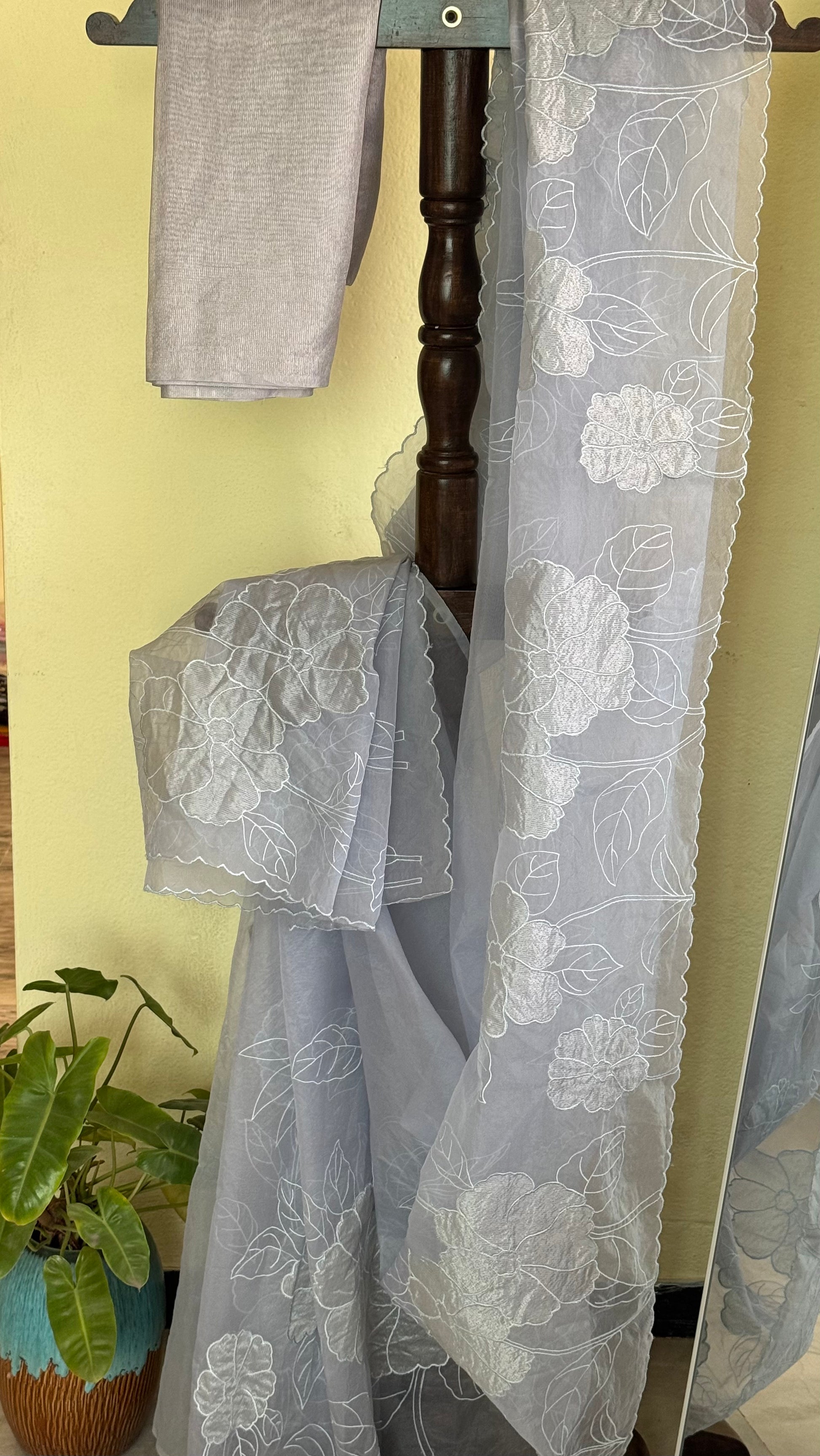 Organza Tissue Applique Sarees - Powder Blue – Kannamma Designs